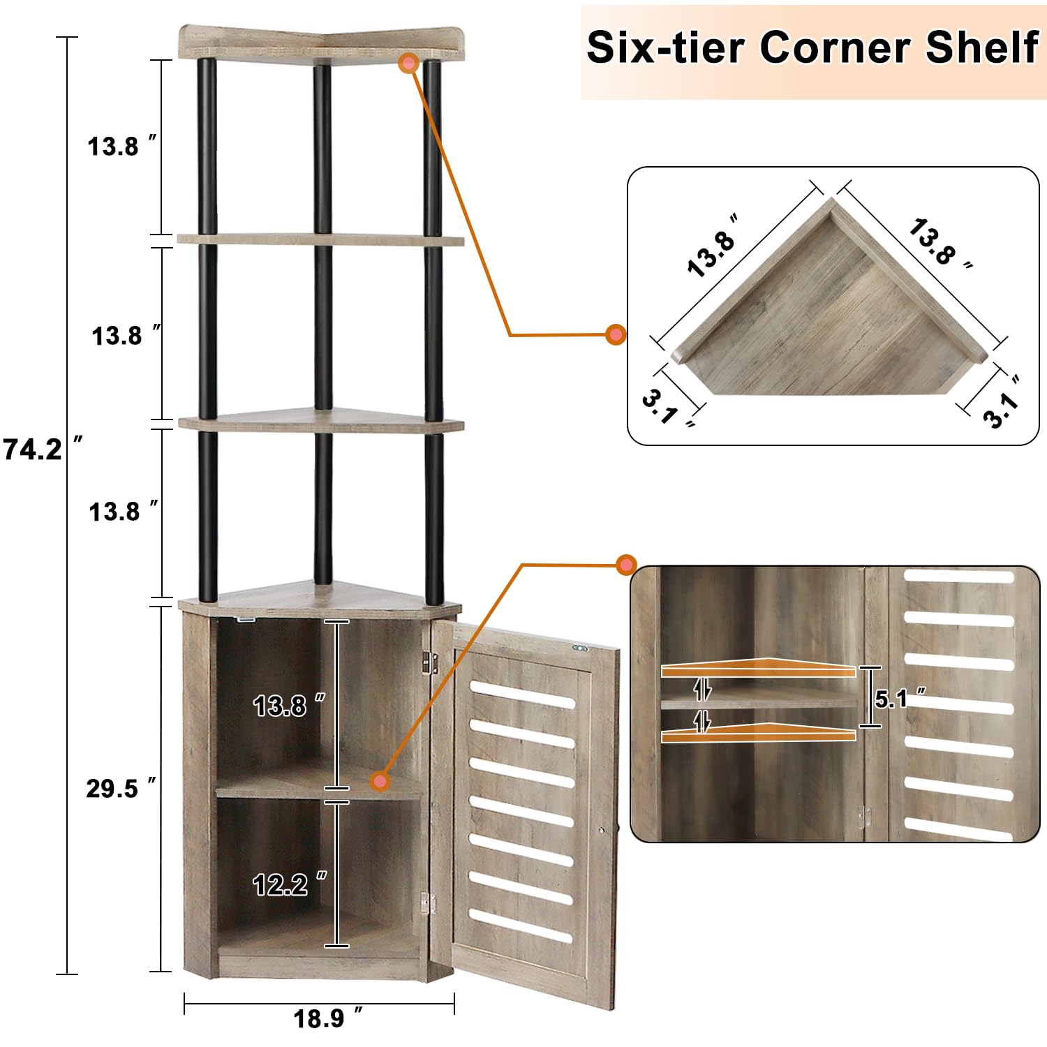 Timberer 6-Tier Corner Shelf with Storage, Corner Bookshelf, 74.2" Tall Corner Stand Display Storage Rack for Living Room, Home Office, Kitchen, Bar, Small Space, Greige and Black