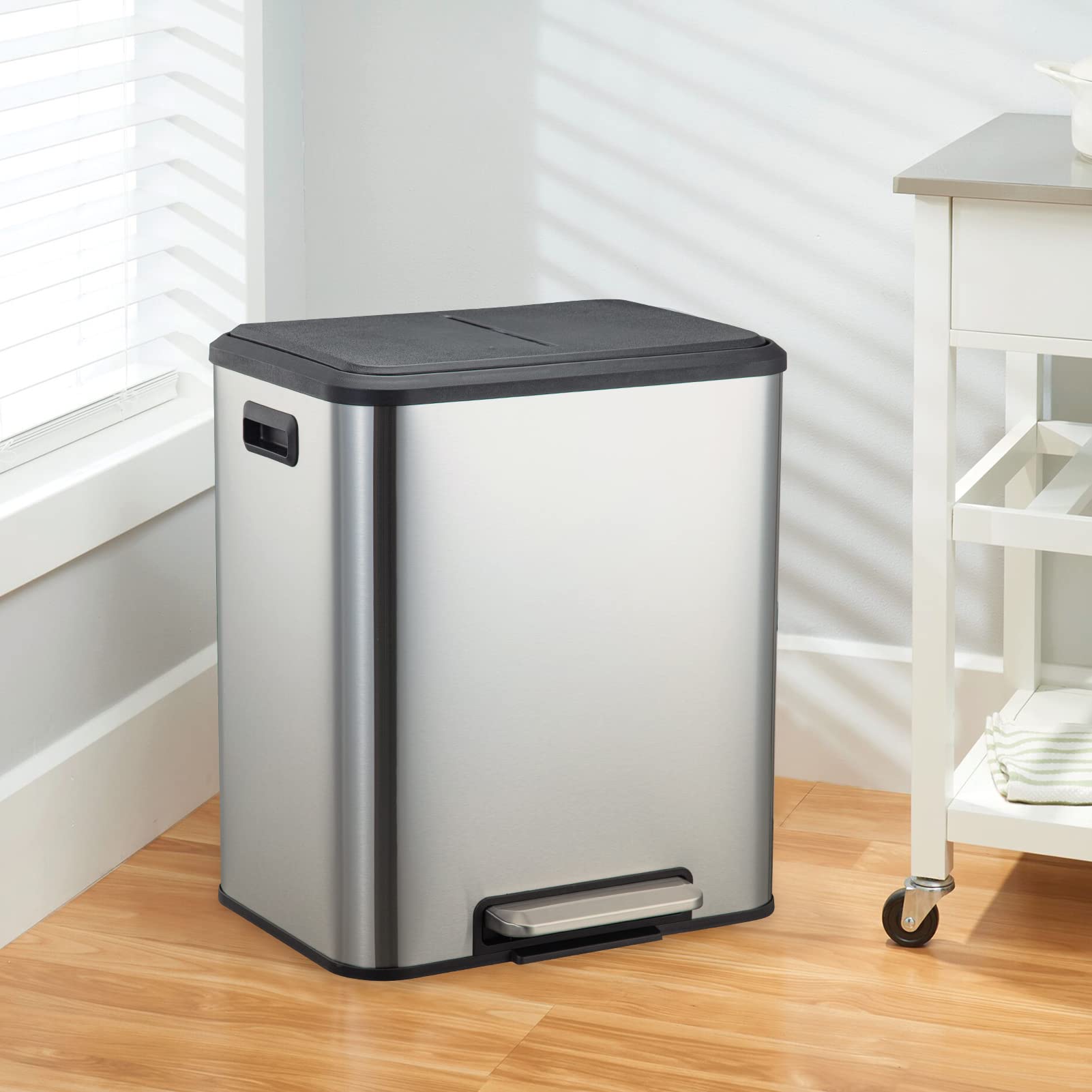 CREATIVE HOBBIES Dual Trash Can,Stainless Steel 2 x 4 Gal (2 x 15L) Garbage Can,Dual Compartment Step Trash Can Steel Pedal Recycle Bin with Two Removable Liner Buckets