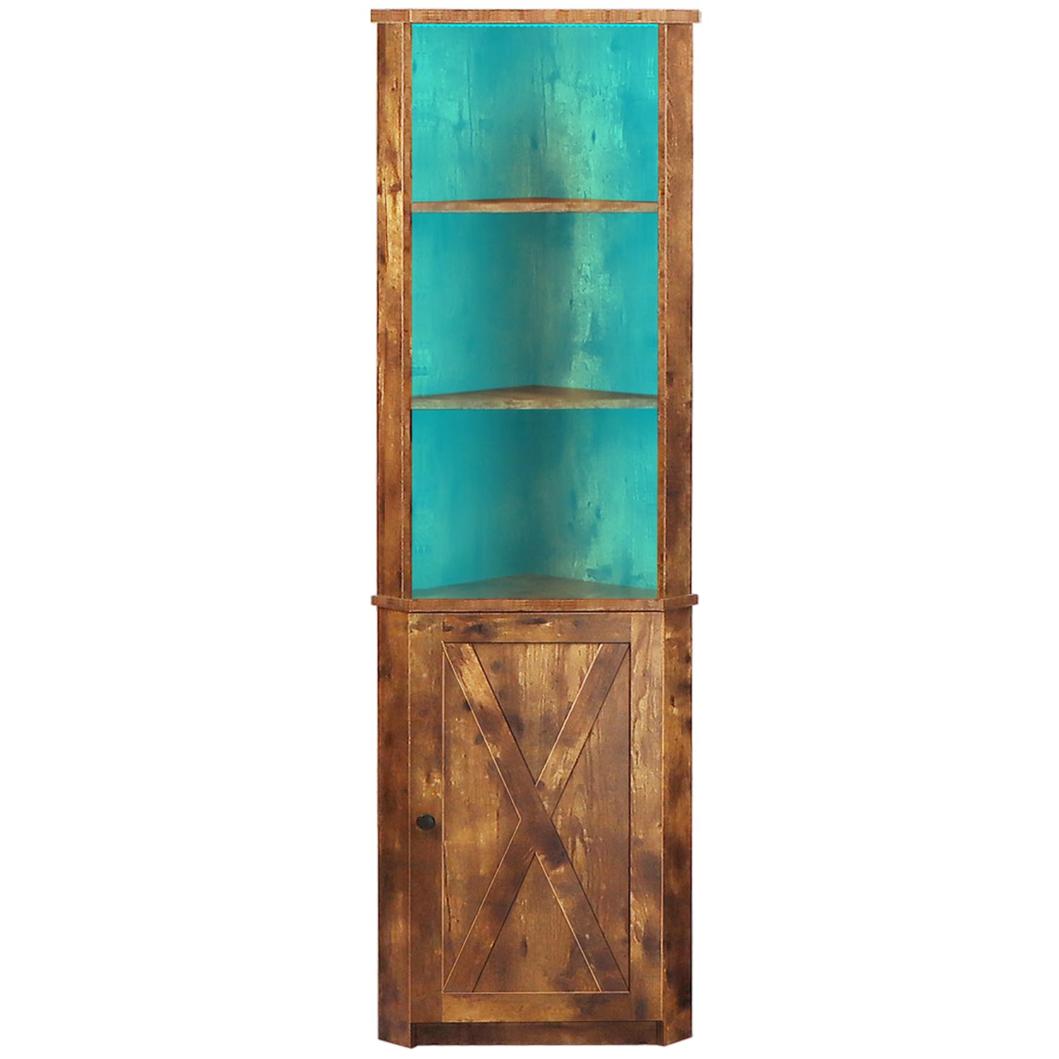 Timberer Corner Shelf Stand, Corner Cabinet with LED Lights, 5-Tier Storage Cabinet with Doors, Tall Corner Bookshelf Corner Stand for Living Room, Kitchen, Bar, Small Space, Rustic Brown