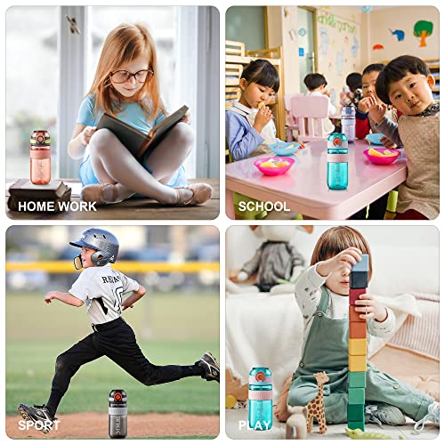TKK 18oz Kids Water Bottles with Straw Lid & Carry Handle, Pop Button BPA Free Leak Proof Water Bottle for School, Black-NEW