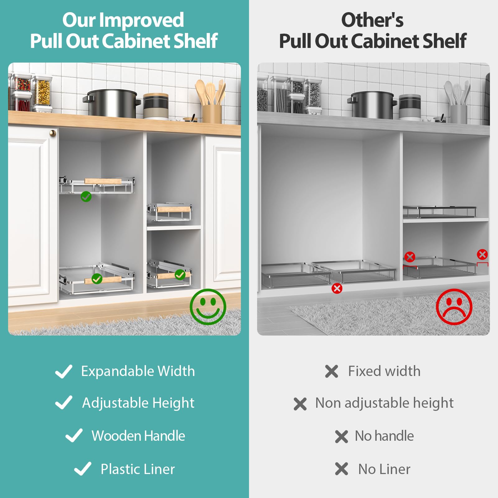FESDOS Roll-Out Extendable Sliding Basket Pull-Out Cabinet Organizer Slide Out Pantry Shelves Cabinet Shelves for Kitchen, Under Sink, Bathroom, Wardrobe, Opening Size Required 12.3"-18.1", Set of 2