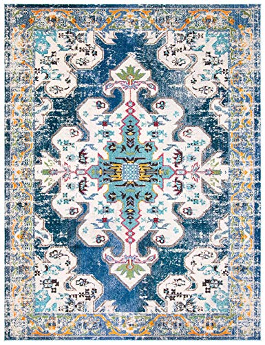 SAFAVIEH Madison Collection Area Rug - 10' x 14', Navy & Grey, Boho Chic Medallion Distressed Design, Non-Shedding & Easy Care, Ideal for High Traffic Areas in Living Room, Bedroom (MAD452M)