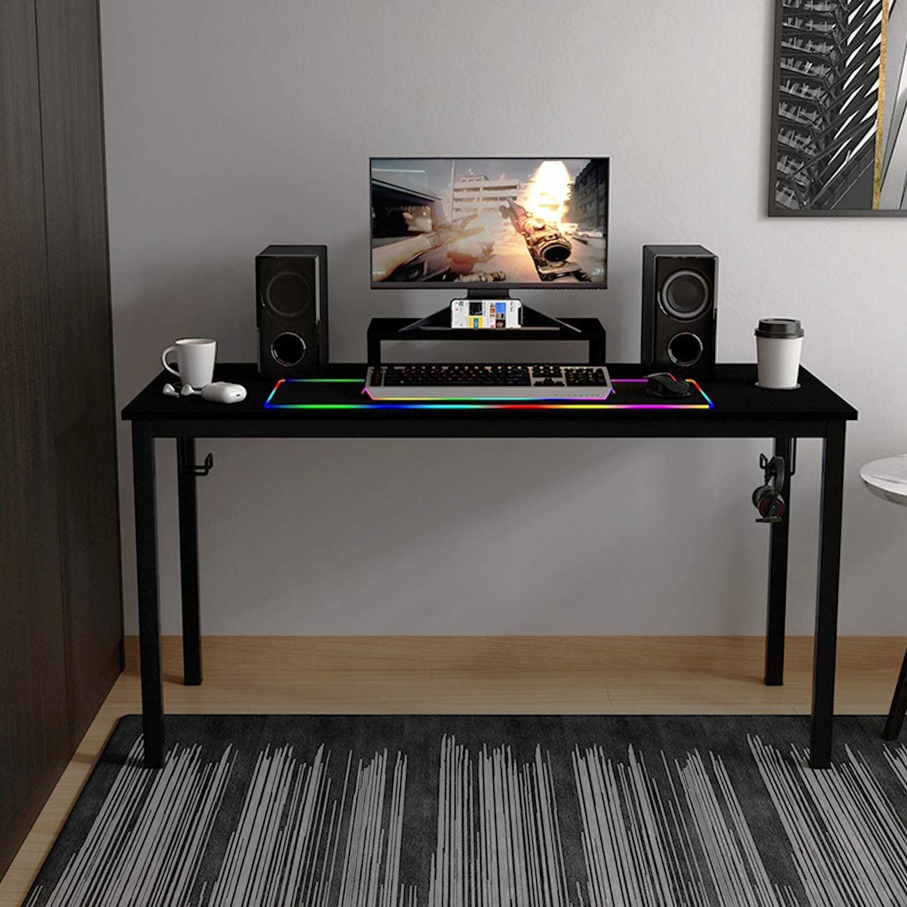 DlandHome Gaming Computer Desk with RGB LED Mouse Pad, 55 inches Gaming Table/Workstation with Display Stand, ND14 Pro, Black and Black Legs