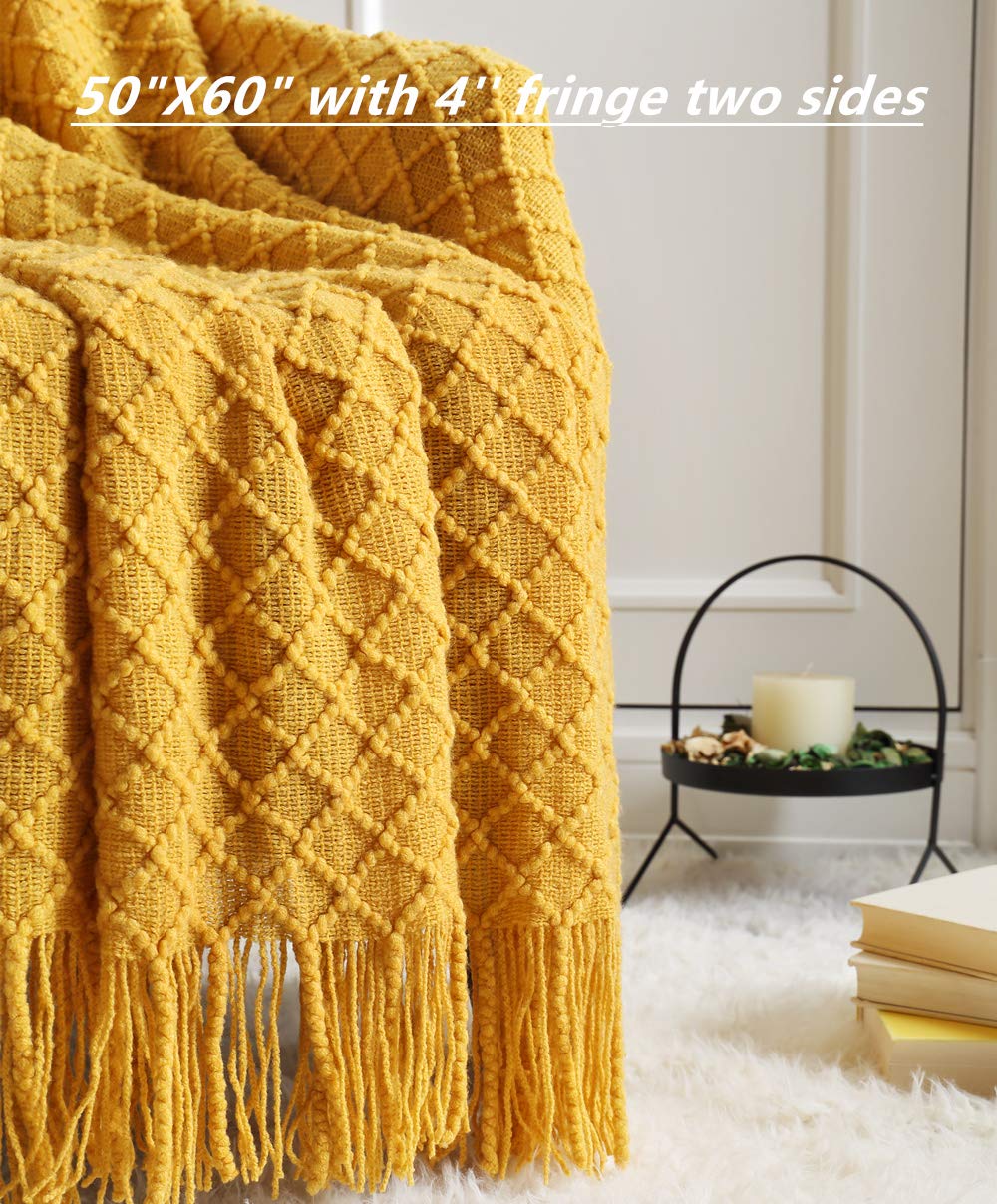 CREVENT Knitted Decorative Throw Blanket for Couch Sofa Chair Bed,Soft Warm Cozy Light Weight for Spring Summer (50''X60'' Mustard Yellow)