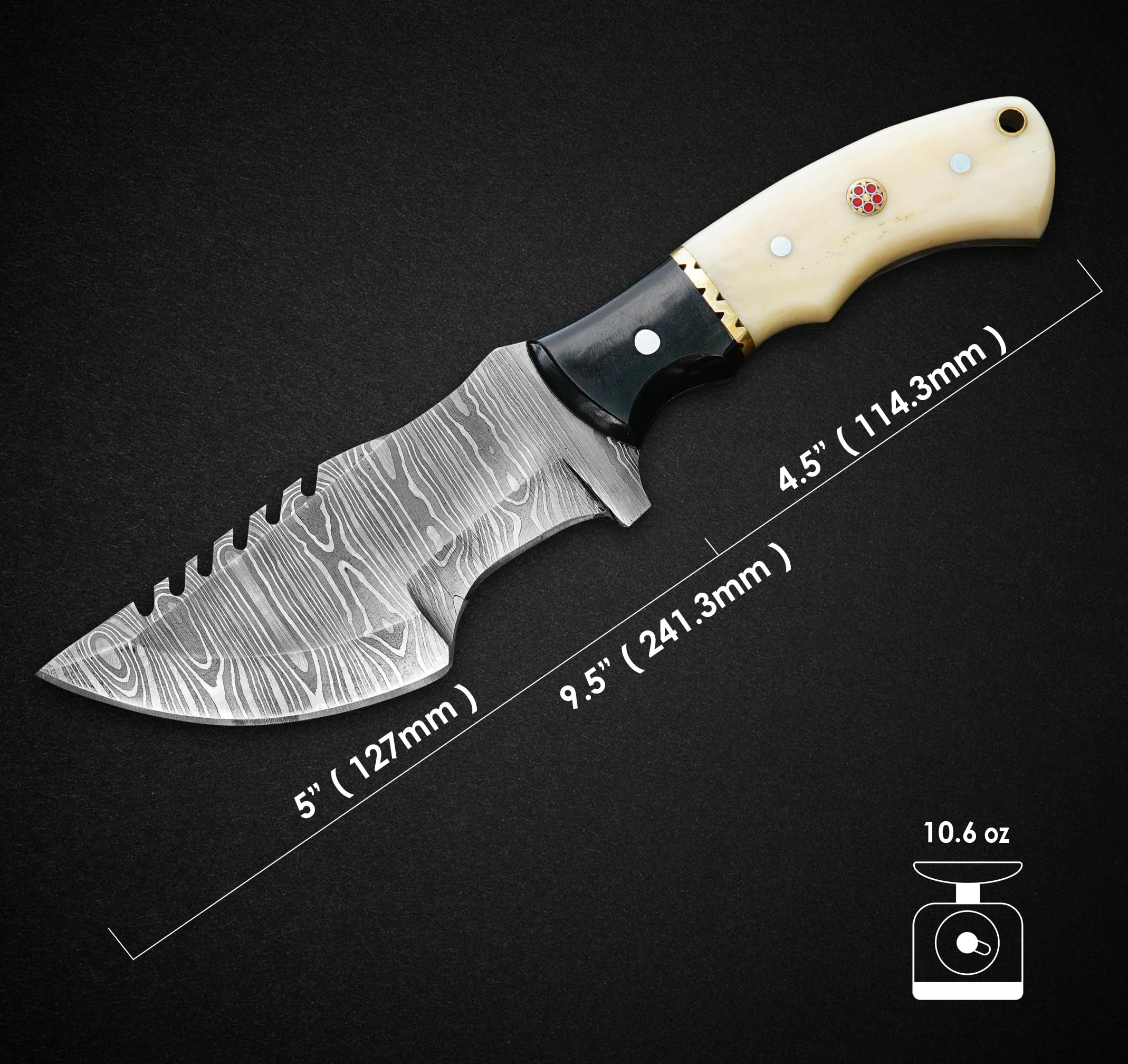 Damascus Tracker Knife Fixed Blade Hunting Knife with Sheath EDC Scout Carry Knife with Horn and Bone Handle