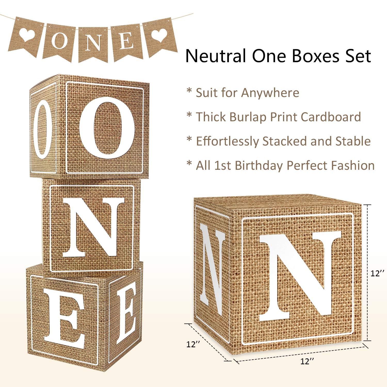 Neutral Burlap Print ONE Boxes for 1st First Birthday Decorations, Large 3Pcs Rustic Boho ONE Sign Boxes with Letters and ONE High Chair Banner