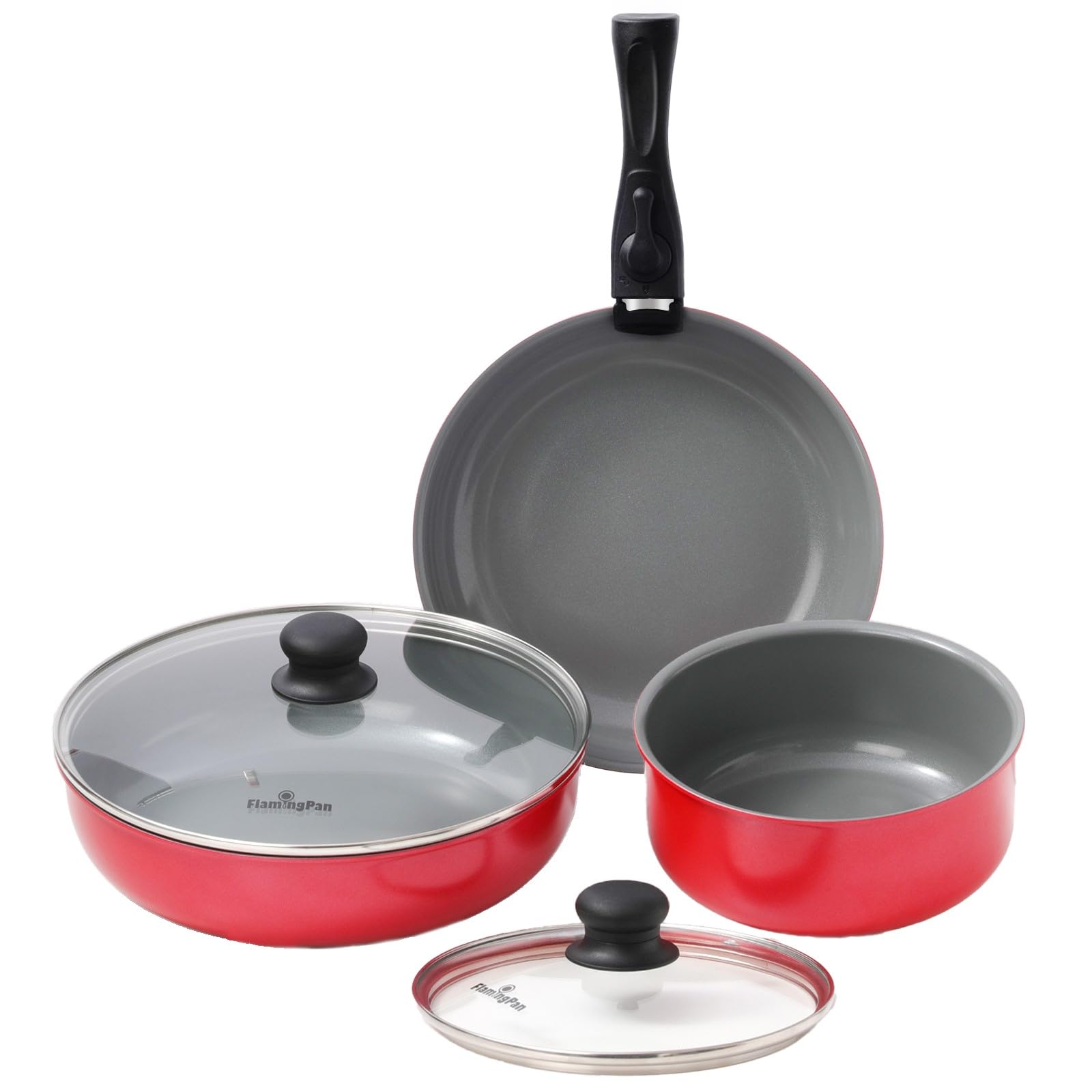 Flamingpan 6 Pieces Detachable Pots and Pans Set and Nonstick Cookware Set with Removable Handle, Dishwasher & Oven Safe, Suitable for All Stovetops (Red)