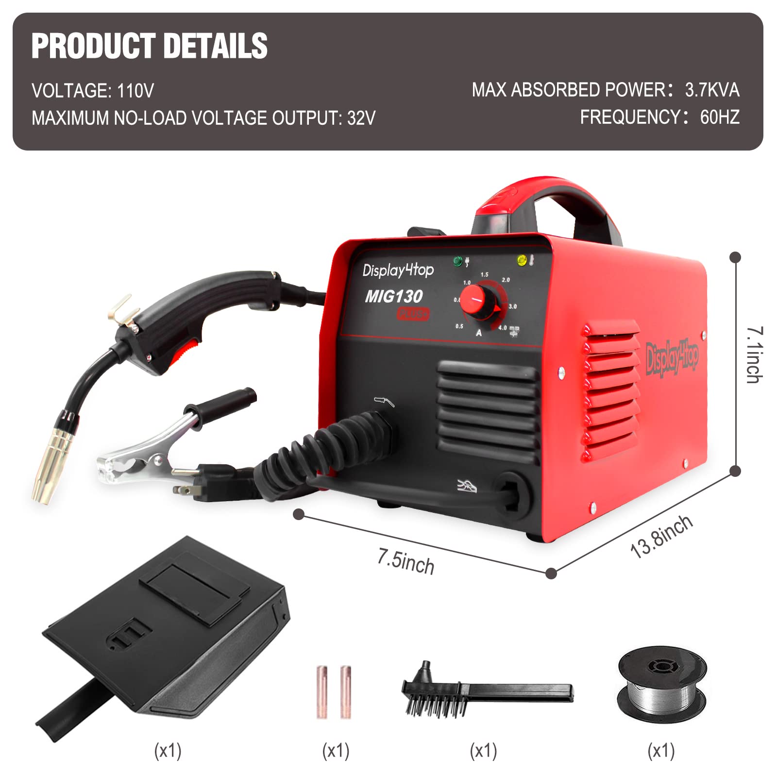 display4top Mig Welder, 130A Portable Welding Machine, Flux Core Wire Welder, MIG 130 Automatic Feed Welding Machine Equipment with Mask - 110V (red)