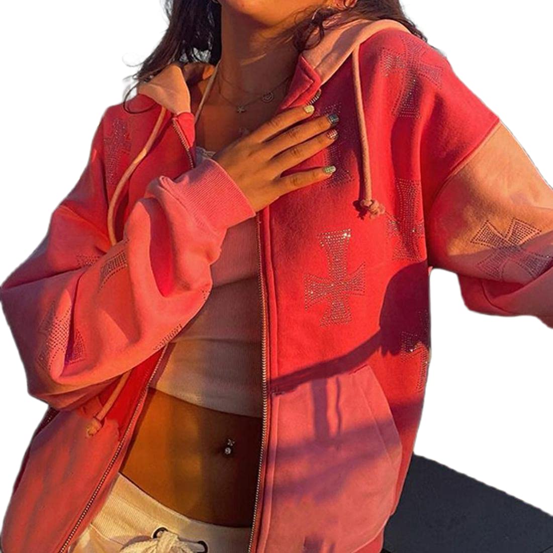 Creaion Rhinestone Graphic Zip Up Hoodies for Women Oversized Y2k Sweatshirt Jacket E-Girl 90s Pullover Streetwear