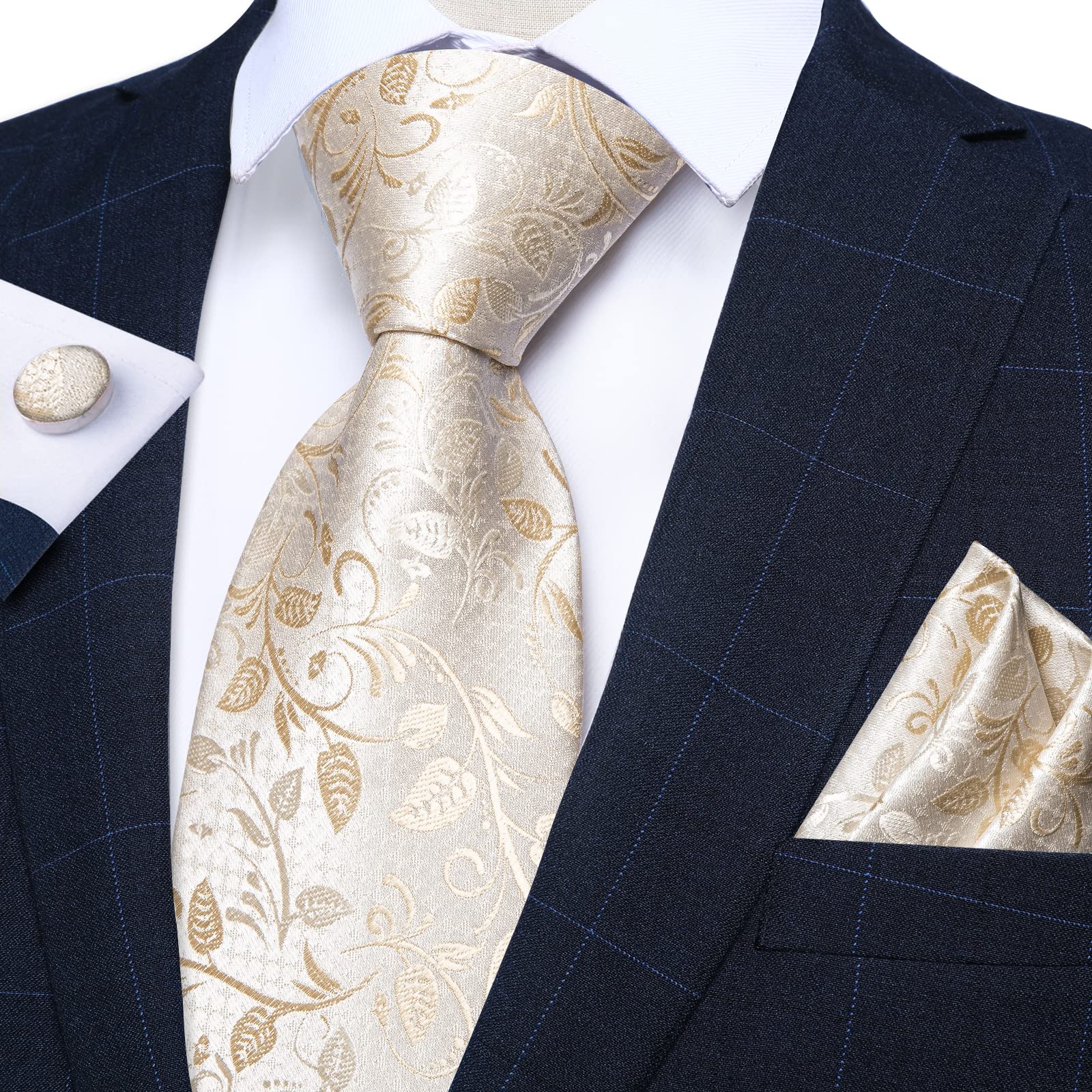 DiBanGu Champagne Gold Necktie and Pocket Square Cufflinks Champagne Floral Tie Set for Men Wedding Party