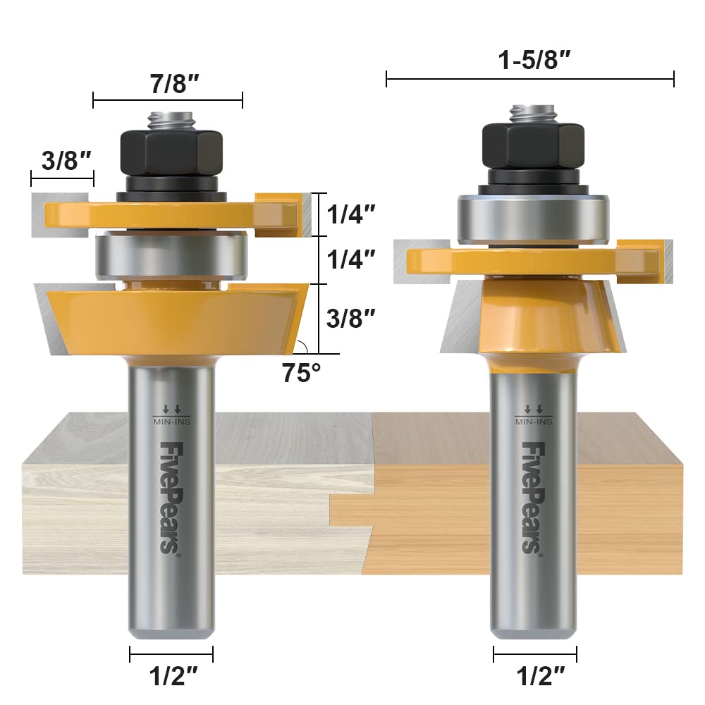 Fivepears Shaker Rail and Stile Router Bits Set 1/2 Inch Shank, 3/8 Inch Cutting Depth, Up to 7/8 Inch Stock, Shaker Style Router Bit for Making Kitchen Cabinet Door Wood Flooring Raise Panel.