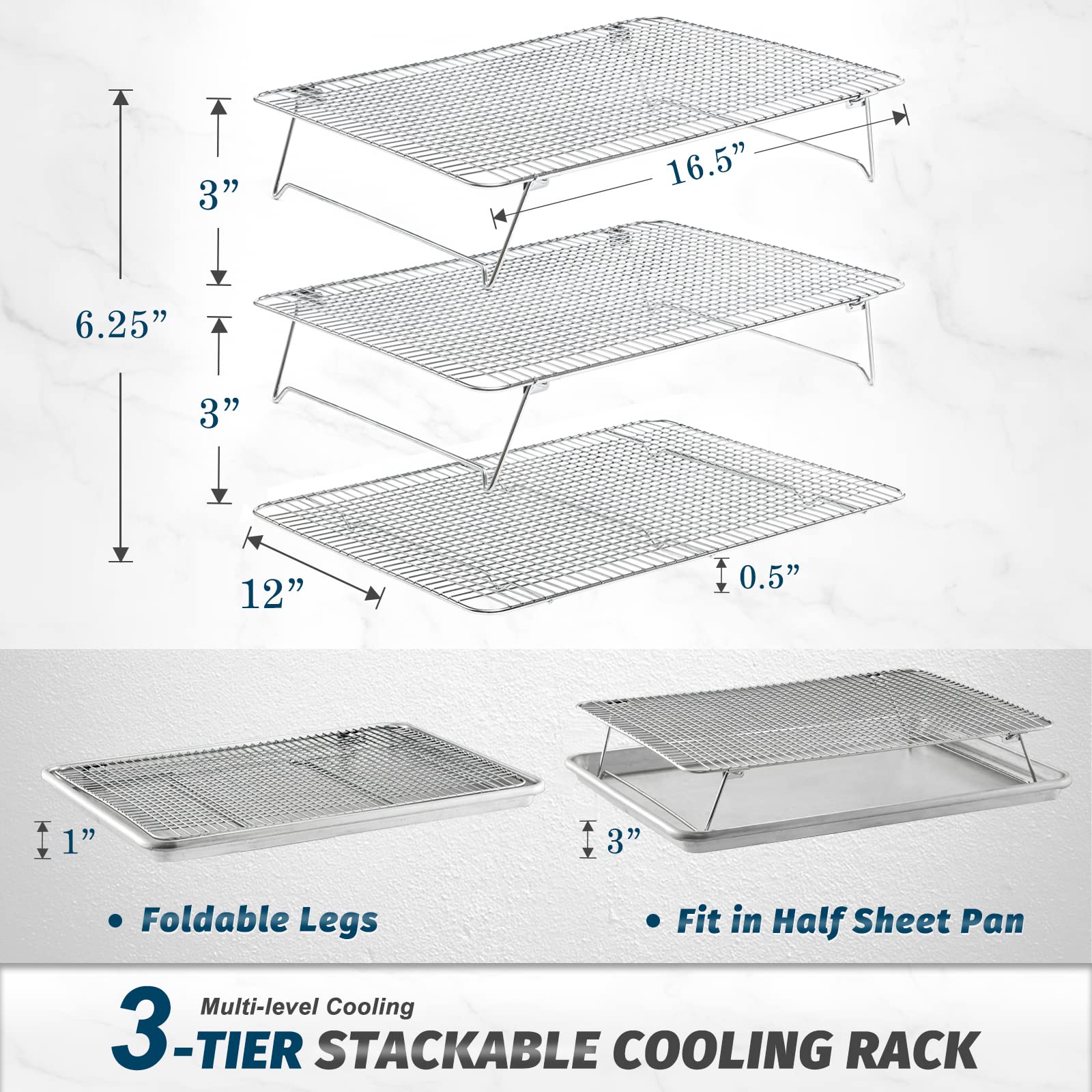 HIWARE Stainless Steel Stackable Cooling Rack for Baking, 3 Tier 12βx 16.5β,Oven & Dishwasher Salf and Fit Half Sheet,Wire Cooling Racks for Cookie, Pizza, Cake