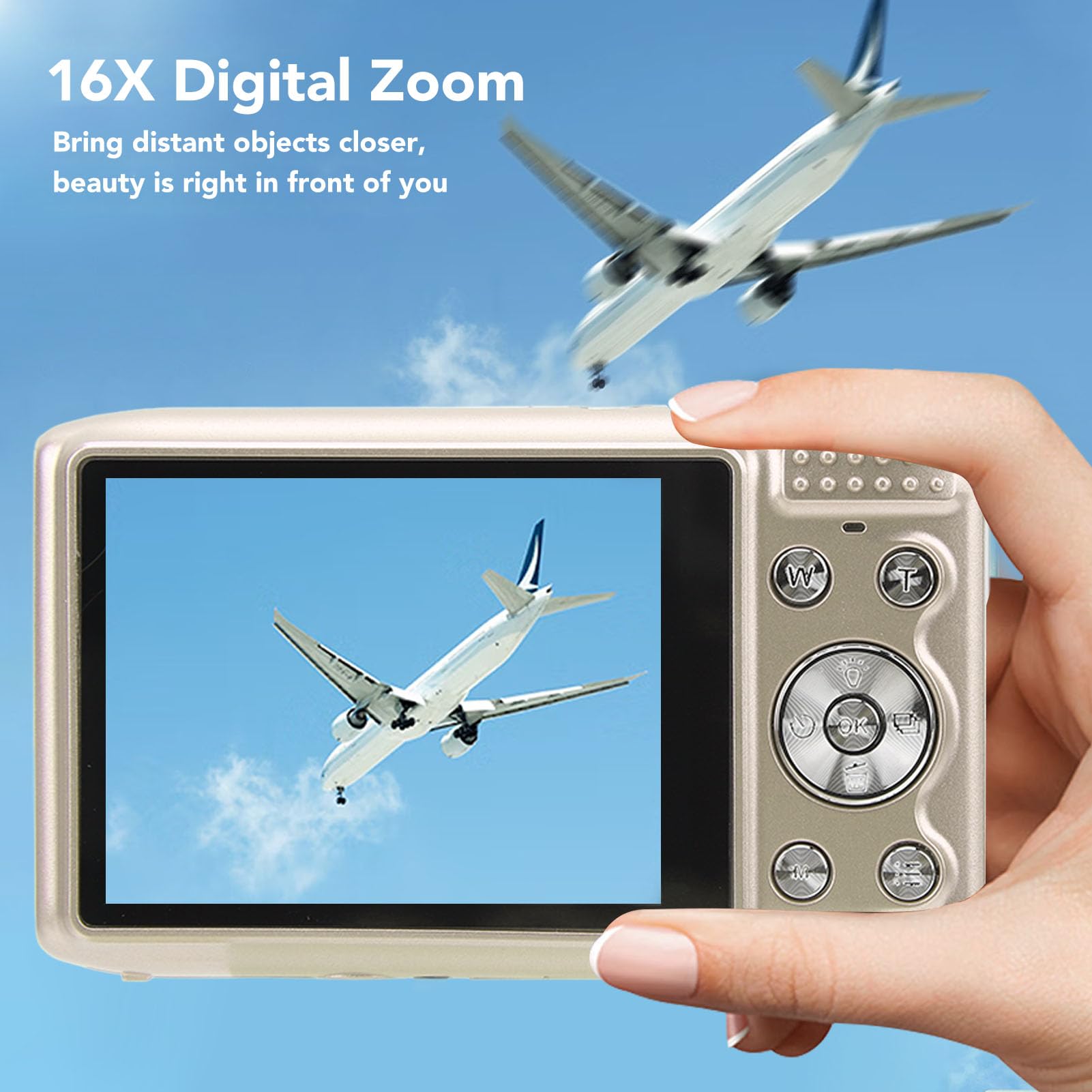 Digital Camera, 58MP 4K Digital Camera with 16X Zoom, 2.88 Inch HD Screen, Timed Photography, AF Autofocus, Portable Camera for Christmas Birthday Gifts (Gold)