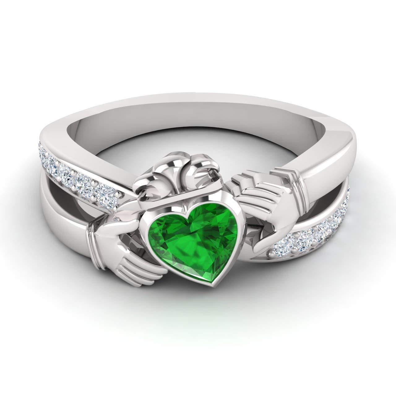 Diamondere Natural and Certified Emerald and Diamond Engagement Ring in 14K White Gold | 0.81 Carat Claddagh Ring for Women, US Size 7