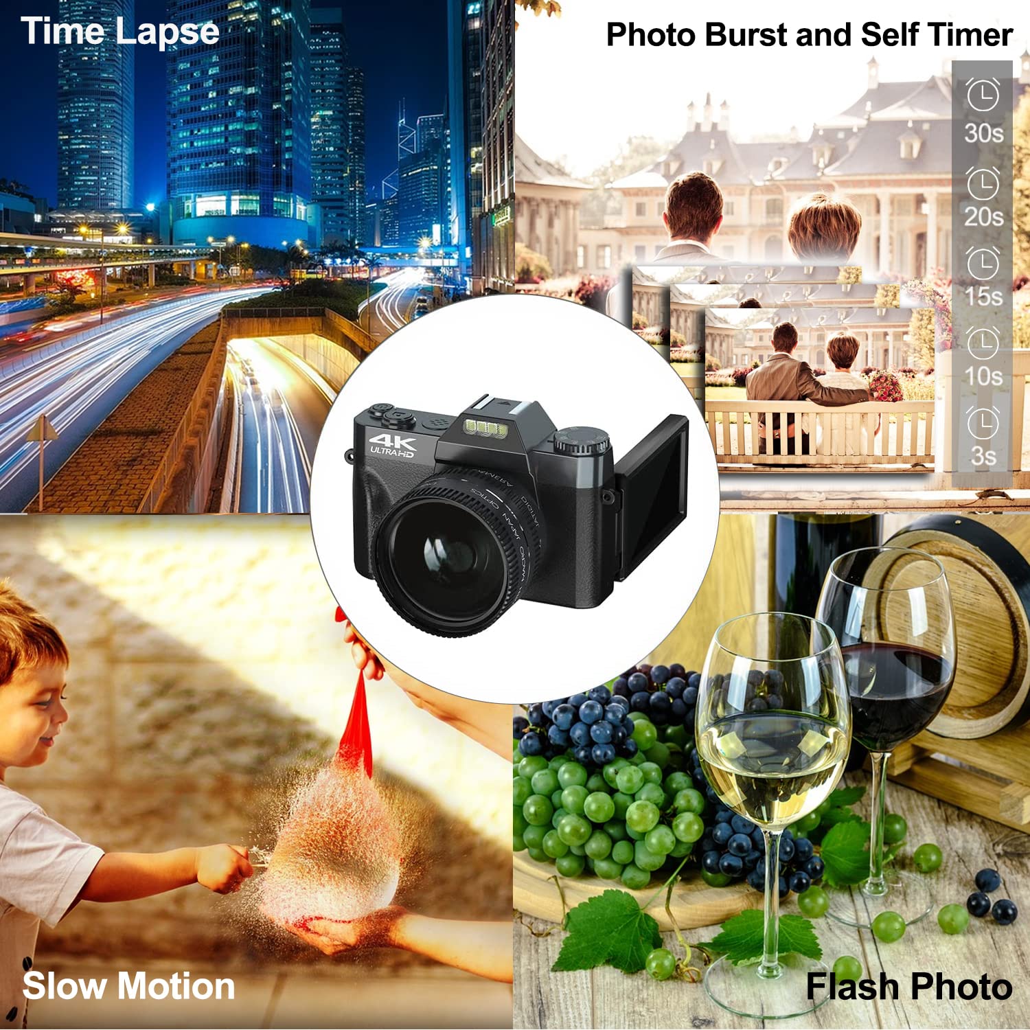 eDealz 4K 48MP Digital Camera Kit for Photography, Vlogging Camera YouTube with Flip Screen, WiFi, Wide Angle & Macro Lens, 64GB Micro SD Card, 50" Tripod, Case, Card Reader, Microphone, LED (Black)