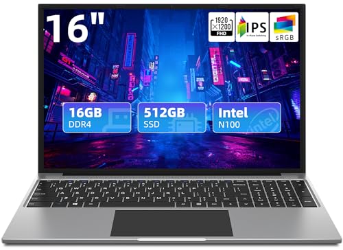 jumper Laptop, 16GB RAM 512GB SSD, Quad-Core Intel N100 Processor, 16" FHD IPS Screen(1920x1200), Laptops Computer with 4 Stereo Speakers, Dual-Band WiFi, Cooling System, 38WH Battery,Gray.