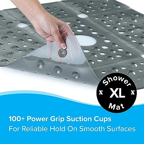 SlipX Solutions Accu-Fit Square Shower Mat, Extra Large 27"x27", Non-Slip Stall Mat for Elderly & Kids Standing Bath Tub Mat, Machine Washable, Suction Cups, Transparent Gray