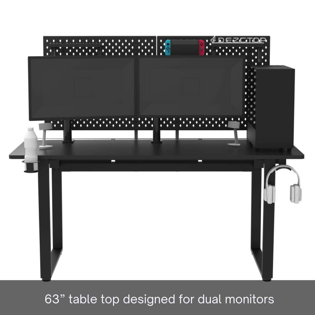 DEZCTOP Bifrost 63W x 28D Gaming PC Computer Desk with Shelves, Large Workstation for Gamers or Home Office with Pegboard, Built-in Cable Management, Stainless Steel Frame (Black)