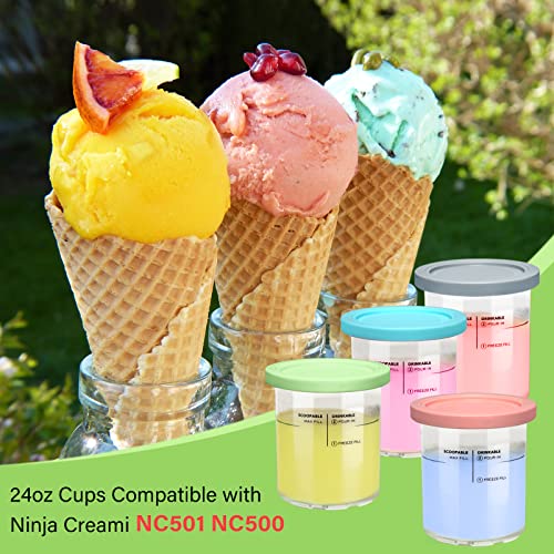 SLLFLY Replacement Pints and Lids for Ninja NC501 NC500 Series Creami Deluxe 4 Pack - Compatible with Ninja Creami Deluxe Ice Cream Maker (Blue,Pink,Grey,Green)