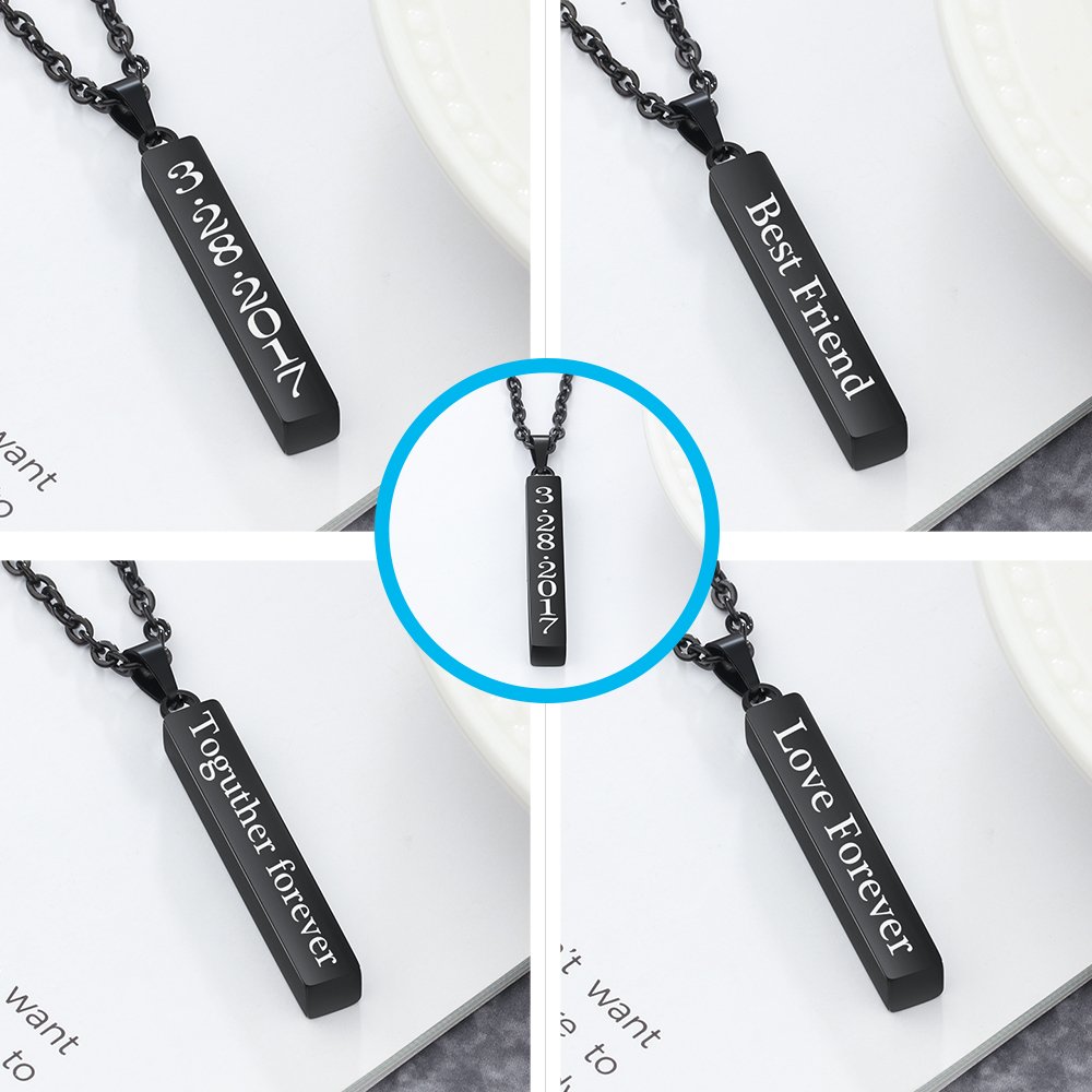 diamondidde Personalized Custom Message Names Pendant Necklace Unisex Stainless Steel Vertical Cuboid Bar Necklace (Black)