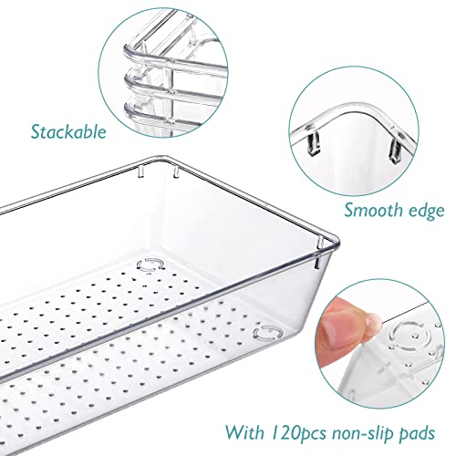 QUEFE 25 PCS Drawer Organizer Set, 4-Size Clear Plastic Drawer Organizers Trays Bathroom Organizers Dresser Storage Bins Separation Box for Makeup, Jewelries, Gadgets, Bathroom, Office, Bedroom