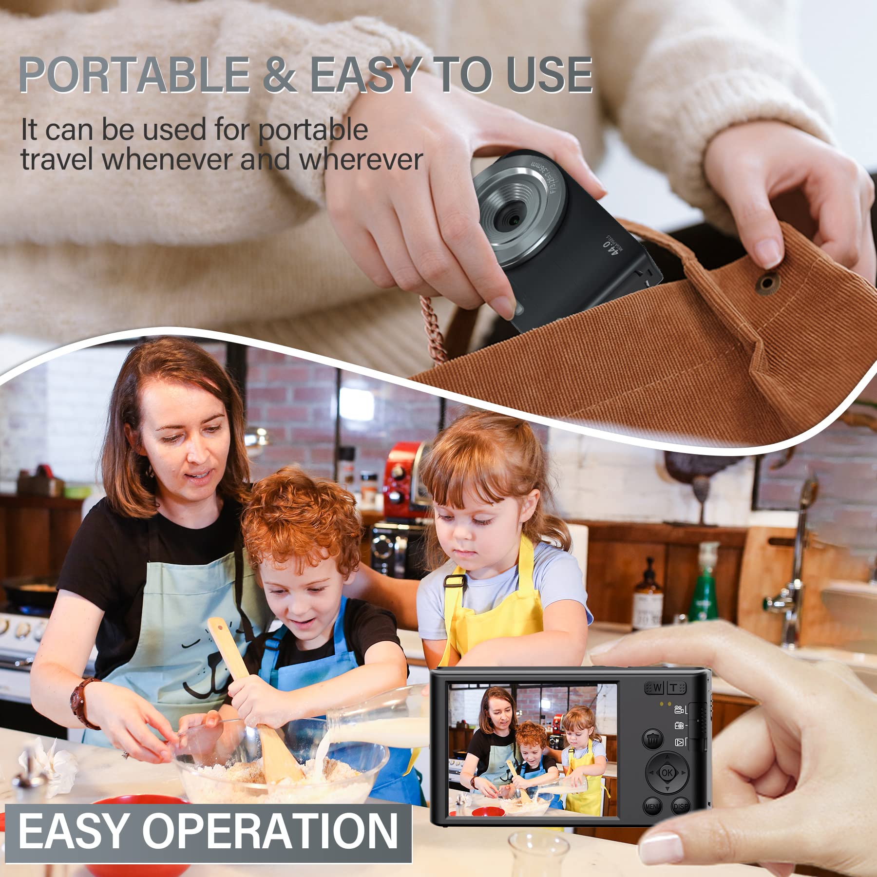 Digital Cameras for Photography, 1080P 44MP Vlogging Camera 16X Digital Zoom Rechargeable Students Compact Camera 32G Card and 2 Batteries