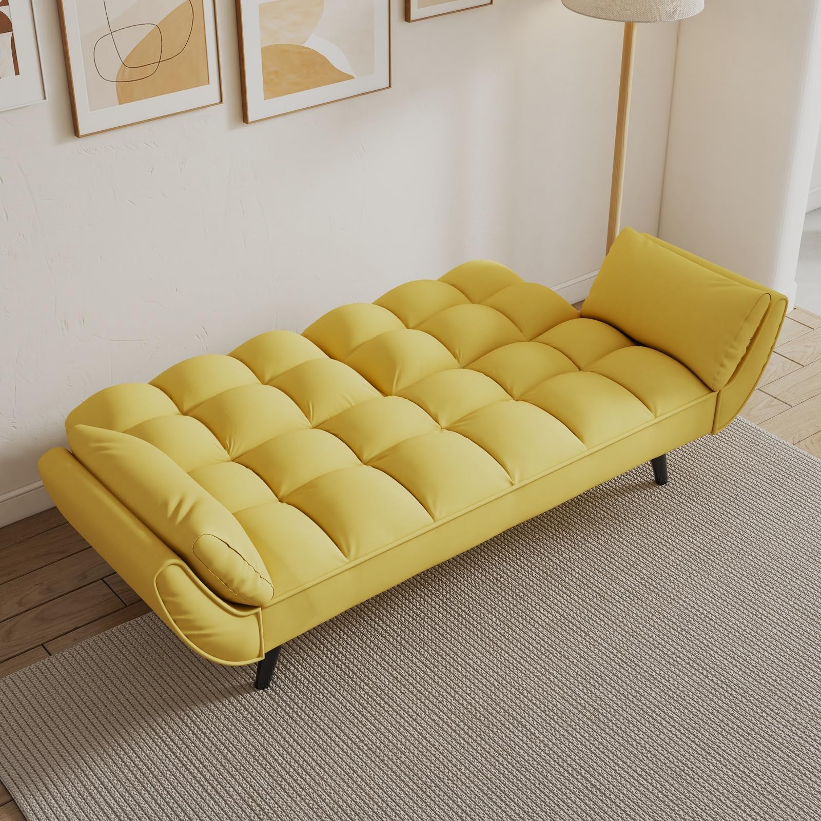 Majnesvon Velvet Futon Sofa Couch Bed with 2 Pillows, Convertible Folding Futon Couch with Adjustable Backrest, Love Seat Sleeper Sofa Bed for Small Spaces, Living Room, Office, Apartment (Yellow)