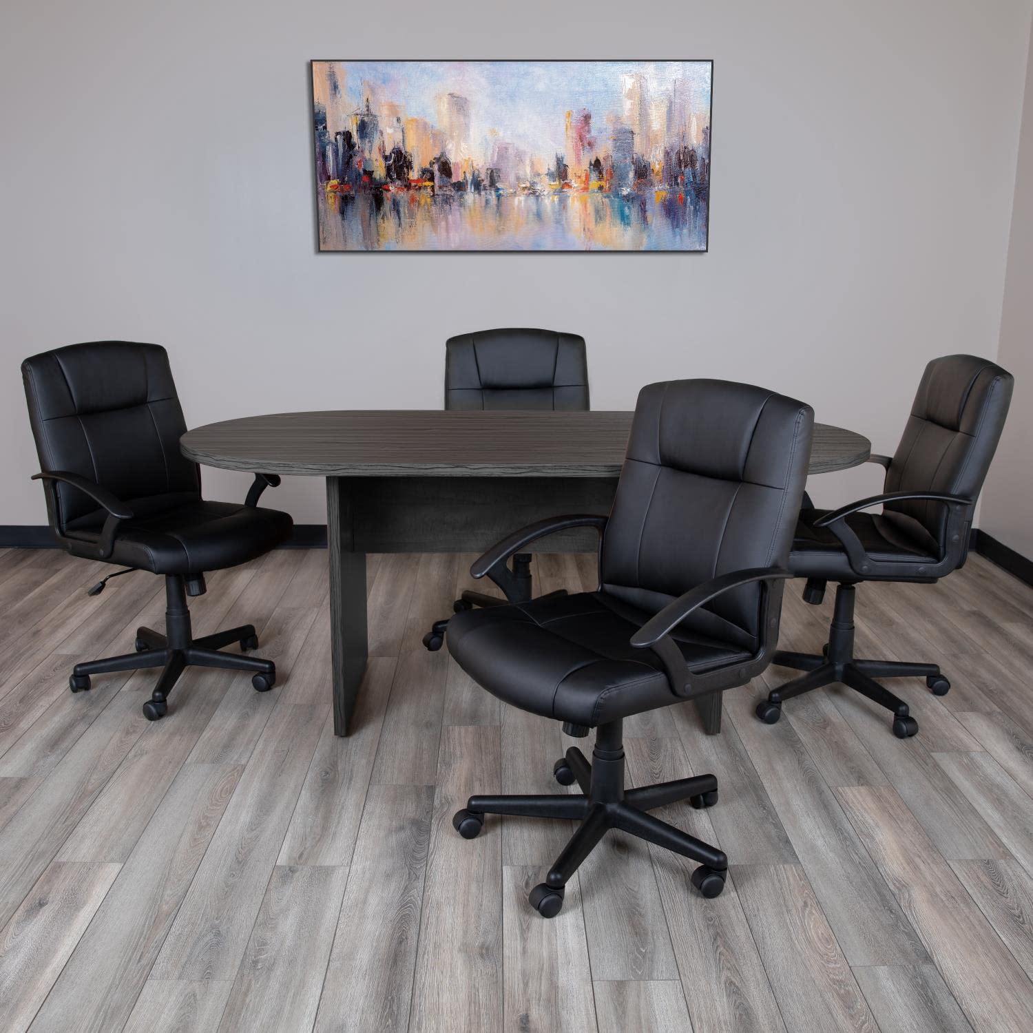 Flash Furniture Lake 5 Piece Rustic Gray Oval Conference Table Set with 4 Black LeatherSoft-Padded Task Chairs
