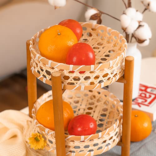 LiLaCraft 2-Tier Fruit Basket Removable Wicker Bamboo Serving Standing Trays, Tiered Serving Stands for Parties, Picnics, Kitchen, Serving Stands for Food Storage, Fruit and Dessert Holder