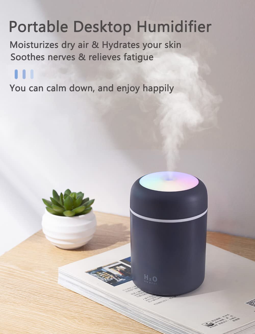 Gekestory Colorful Cool Mini Humidifier, Aromatherapy Essential Oil Diffusers, Cool Mist Humidifiers, Aroma USB Personal Desktop Humidifier for Bedroom, Car, Office. 2 Modes, Super Quiet (300ml Navy)