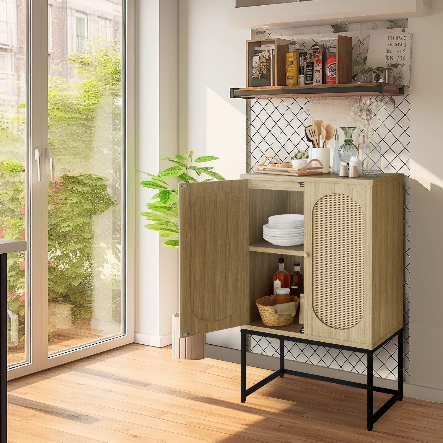 Lamerge Rattan Cabinet,2 Door Sideboard Buffet Cupboard Accent High Cabinet with Natural Rattan,Free Standing Bookmatch,Adjustable Shelves,Easy Assembly,Rustic Oak Beige (LRC-ob)