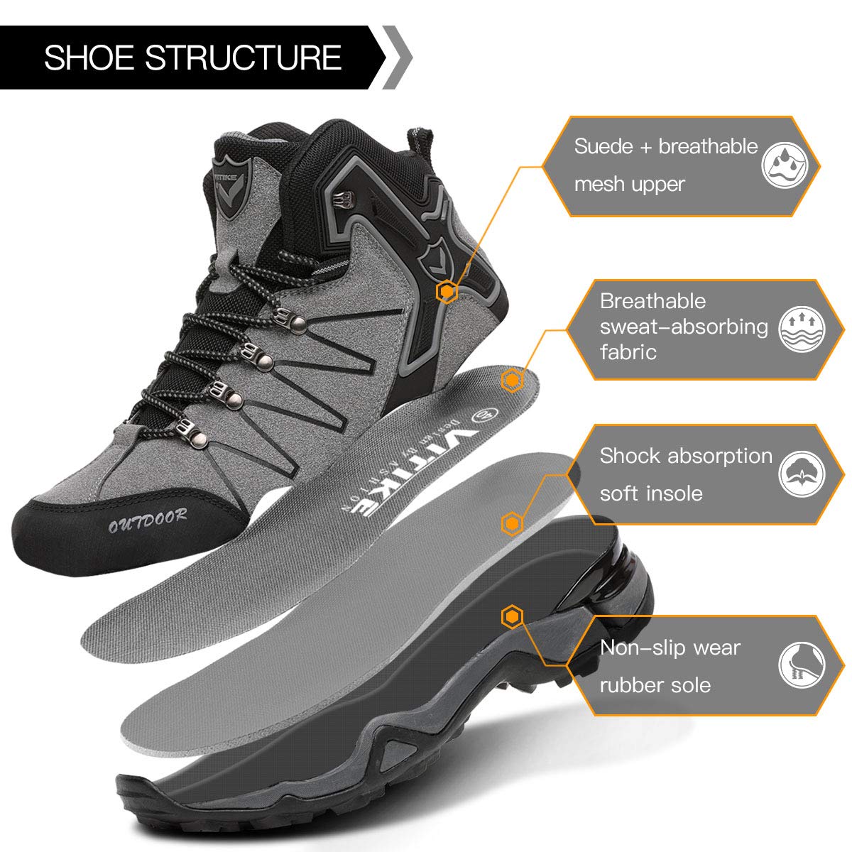 ELAPHURUS Men's Hiking Boots Trekking Shoes Waterproof Sport Work Boots Lightweight Walking Ankle Shoes Composite Toe Sneakers for Men (10 US Men, Grey)