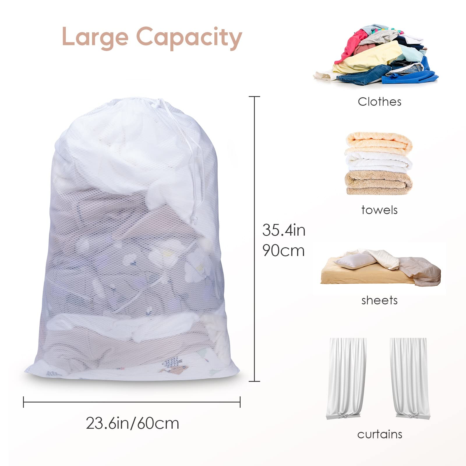 Meowoo Large Mesh Laundry Bag, 24×36inch Heavy Duty Mesh Laundry Bags Drawstring Lockable, Laundry Hamper Liner, Machine Washable, for Travel,Storage, Sports Factories, Dorms, White 1pcs