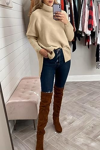 LILLUSORY Clothes Sweaters for Women 2023 Outfit Clothing Long Batwing Sleeve Spilt Hem Tunic Pullover Sweater Knit Tops Apricot