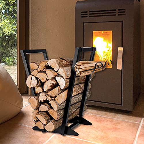 JUNSHUO Firewood Rack Indoor (22Inch/V-Shape) Outdoor Fireplace Firewood Holder with Side Kindling Rack,Assemblable Log Rack Wood Holder