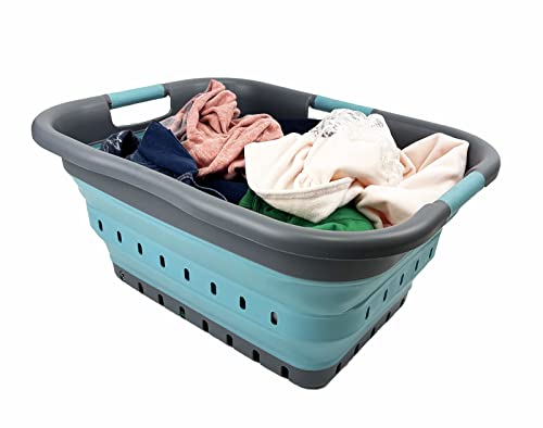 SAMMART 41L (10.8 Gallon) Collapsible Plastic Laundry Basket - Foldable Pop Up Storage Container/Organizer - Portable Washing Tub - Space Saving Hamper/Basket (Grey/Crystal Blue)