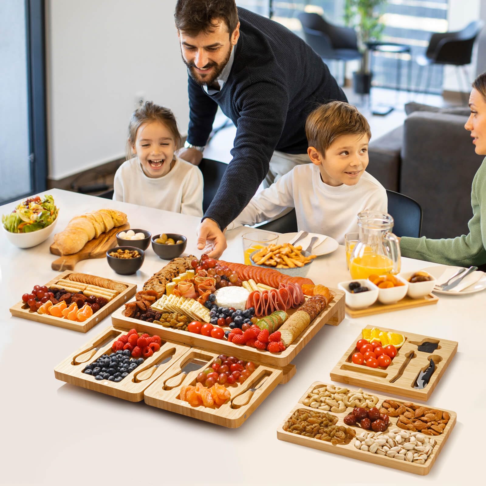 Large Charcuterie Boards Set for Cheese - Bamboo Cheese Board and Knife Set with Extra Cheese Platter, Charcuterie Board Cheeseboard Cheese Plate for Christmas Wedding Housewarming Gifts