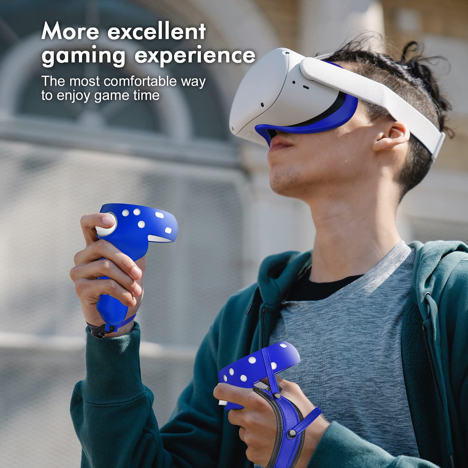 EWalos Accessories for Oculus/Meta Quest 2, Touch Controller Leather Grip Cove, Face Cover and Lens Protective Cover, Sweat-Proof, Light-Proof, Anti-Throw and Comfort(Blue)