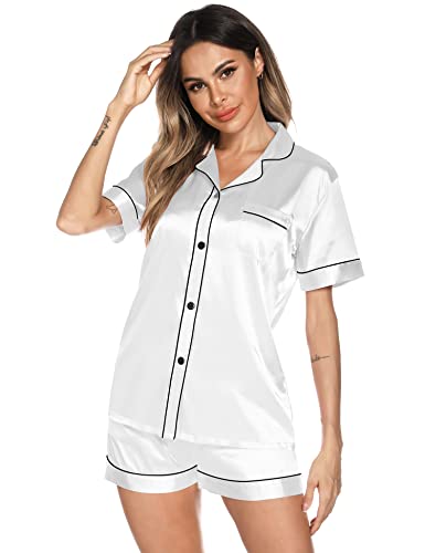 SWOMOG Women's Silk Satin Pajamas Set Soft Top and Shorts Button Down Pj Set 2 Piece Sleepwear White