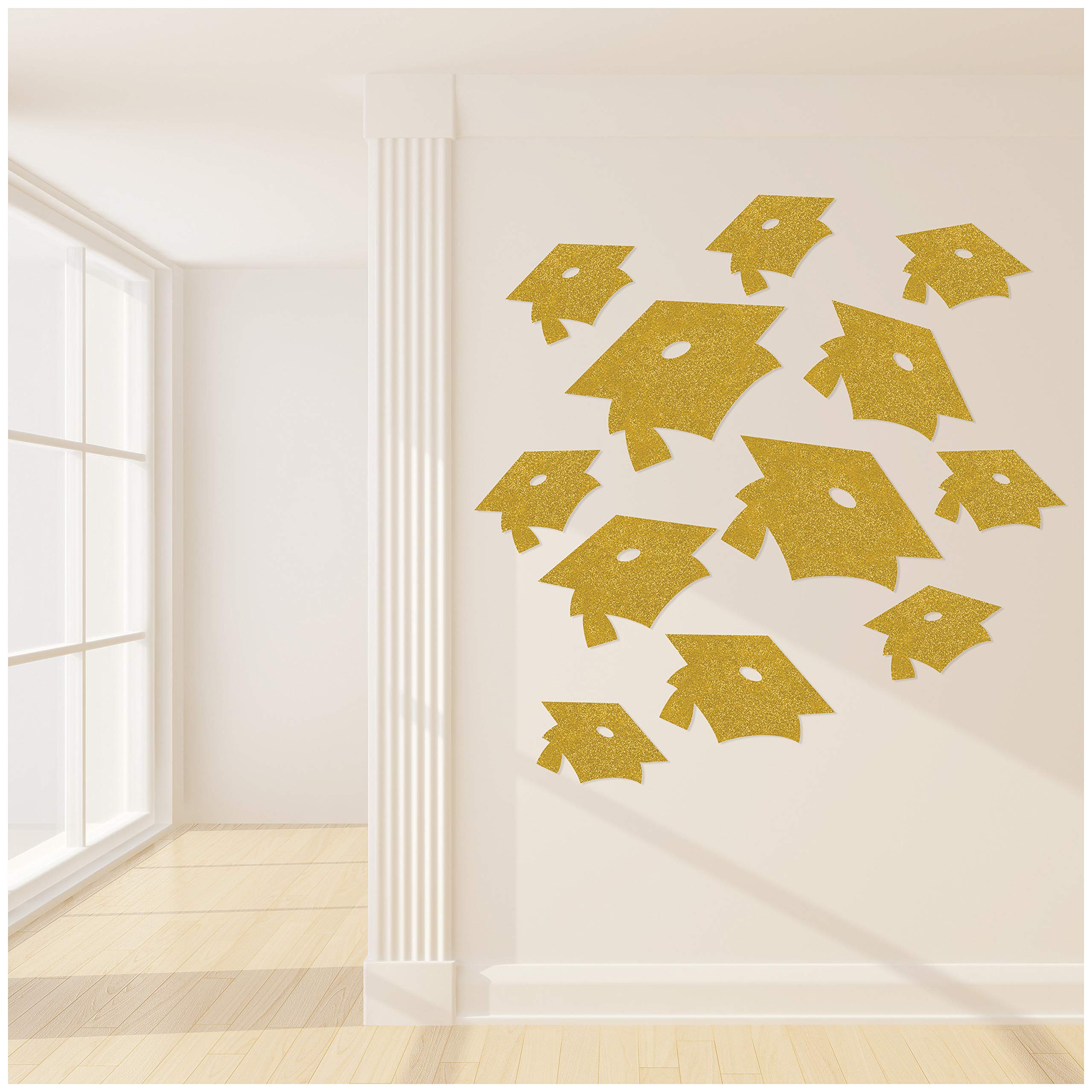 Creative Converting 991198, Graduation Mortarboard Glitter Cutouts Decoration, 12 Ct, Mini, Yellow