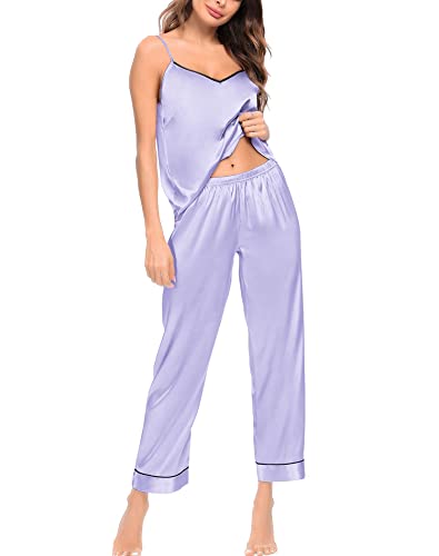 SWOMOG Womens Silk Satin Pajamas Set Two-Piece Pj Sets Cami Top and Capris Pants Sleepwear Lavender