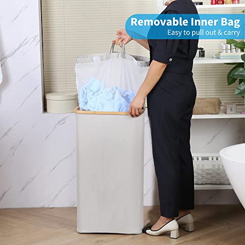 efluky Large Laundry Basket with Lid, 100L Tall Laundry Basket with Bamboo Handles for Clothes and Toys, Collapsible Laundry Hamper with Inner Bag for Bedroom and Bathroom, Light Grey