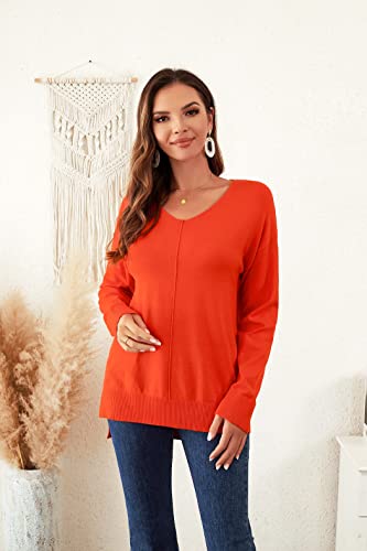 MicroStar Women's Spring Casual Lightweight V Neck Batwing Long Sleeve Knit Top Loose Pullover Sweater Orange