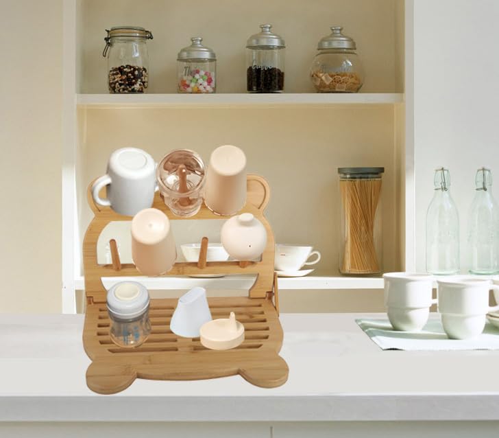 Eforwest Baby Bottle Drying Rack Bamboo, Space Saving Countertop Drying Rack Waterproof Bottle Dryer Holder with Anti-Slip Rubber Pad for Bottles, Nipples, Pump Parts, Cups