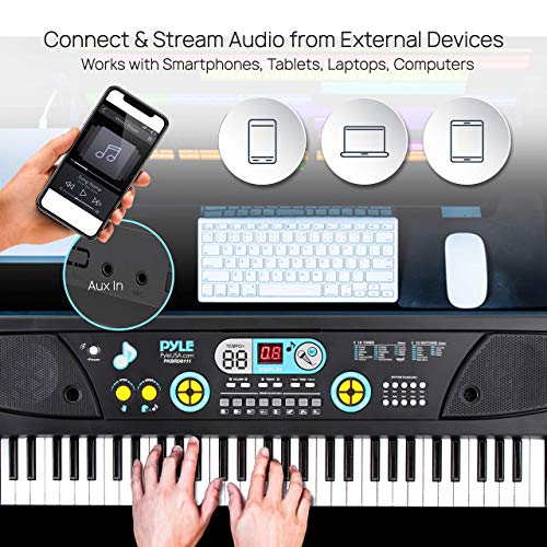 Digital Piano Kids Keyboard - Portable 61 Key Piano Keyboard, Learning Keyboard for Beginners w/ Drum Pad, Recording, Microphone, Music Sheet Stand, Built-in Speaker - Pyle PKBRD6111 (Renewed)