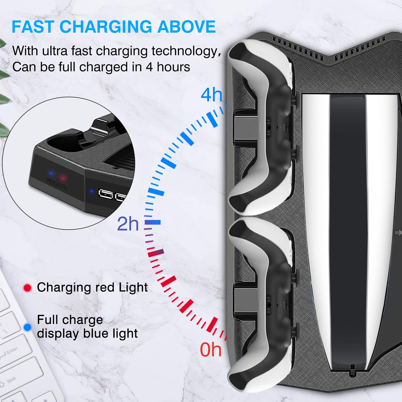 DLseego Charging Stand for PS5 with Cooling Fan, Multi-Function Charger Station with 2 Controller Charging Docks, LED Indicators, 3 USB Ports and Retractable Game Storage Bracket