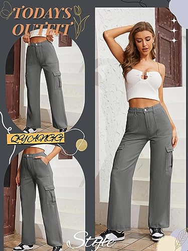 QYANGG High Waist Cargo Pants Women Stretch Baggy Cargo Pants Women Multiple Pockets Relaxed Fit Straight Wide Leg Y2K Pants Grey