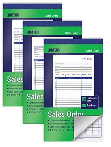 Sales Order Books, 3 Pack, 2-Part Carbonless (White/Canary Yellow), 4-1/8 x 7-3/16 inches, by Better Office Products, 50 Sets per Book, 150 Total Sets, 3 Books