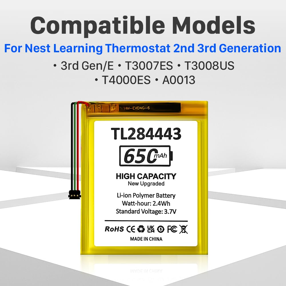 TL284443 Battery, 650mAh (2024 Upgraded) High Capacity Li-ion Polymer Replacement Battery for Nest Learning Thermostat 2nd 3rd, fit T3007ES,T3008US, T4000E Smart Home Battery with Repair Tool Kits