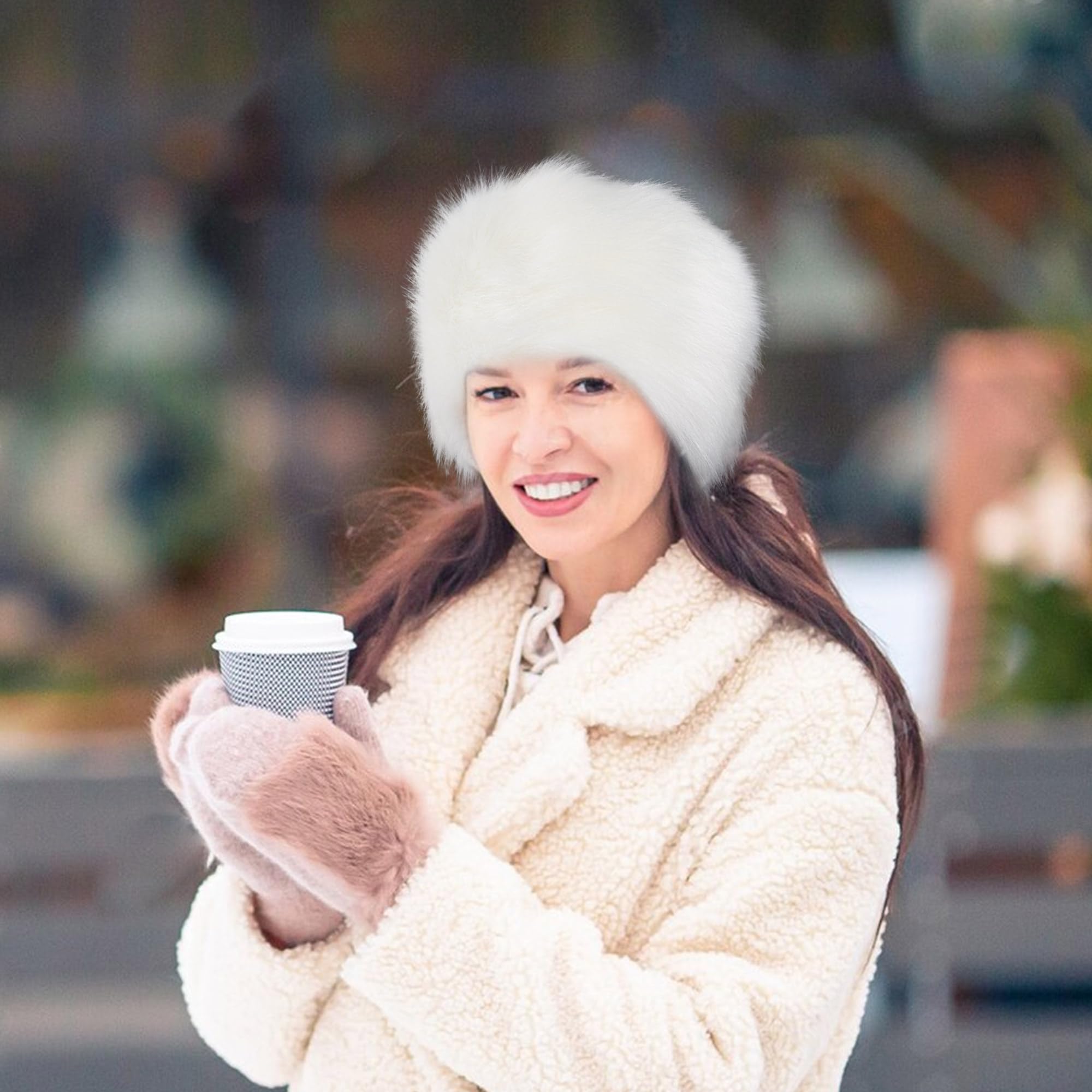 Dikoaina Faux Fur Cossack Russian Style Hat for Ladies Winter Hats for Women, White, Medium